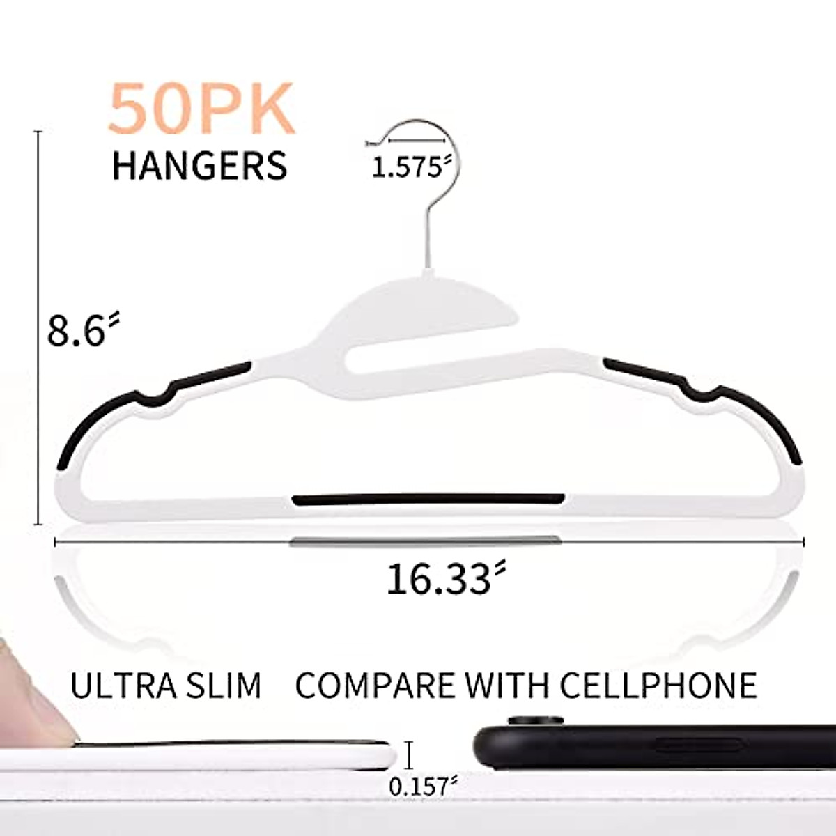 DAMAHOME 50PK Coat Hangers Non Slip - Space Saving Plastic Clothes Hangers, Slim Pant Hangers, U-Slide, Heavy Duty, 360°Swivel Hook, White