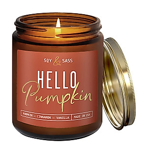Pumpkin Spice Candle, Fall Candles - 'Hello Pumpkin' Pumpkin Candle, Autumn Scented Soy Candles for Home, Fall Scented Candles for Home, Fall Home Décor, 9oz Reusable Jar, 50Hr Burn, Made in USA
