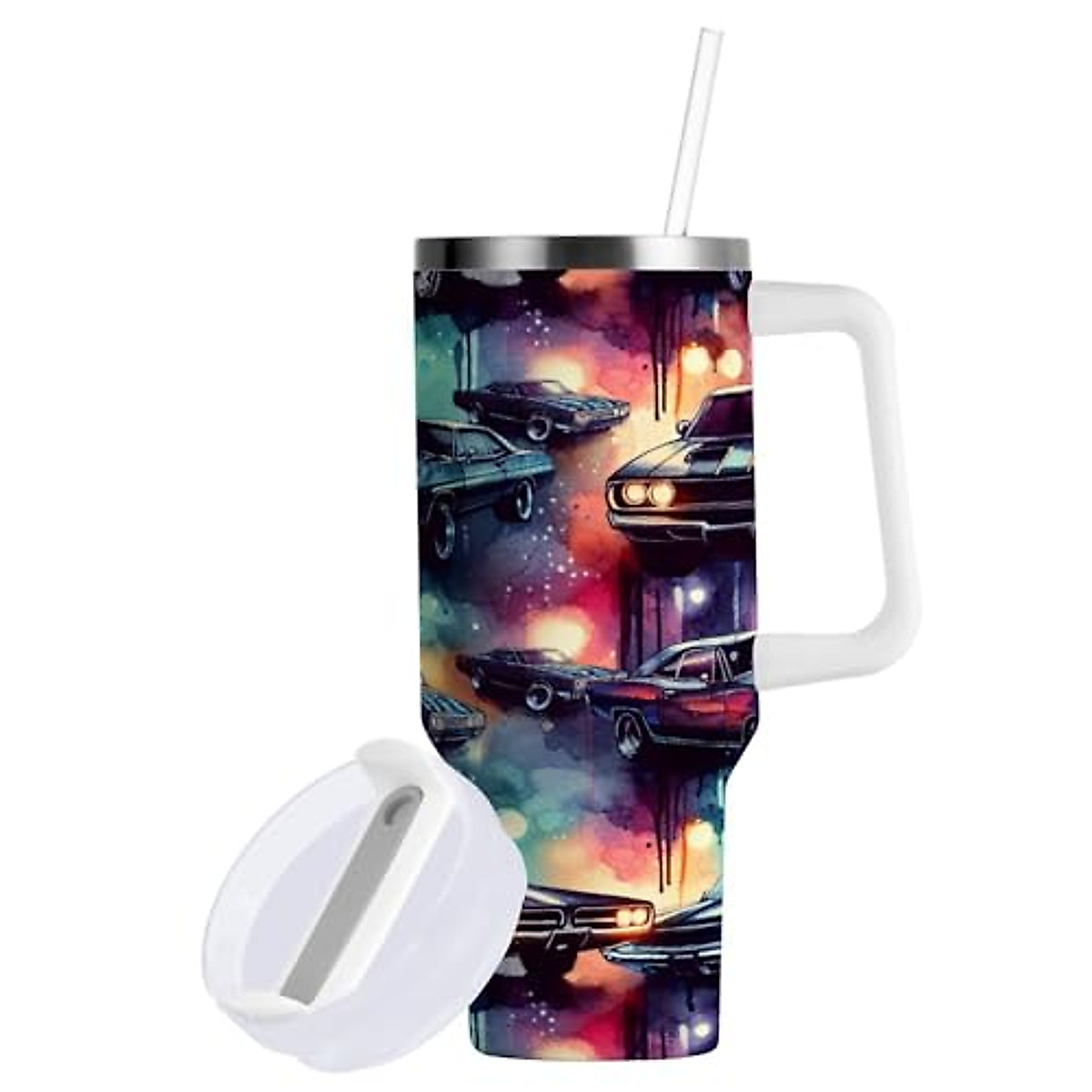 Jihqo Neon Muscle Cars 40 oz Stainless Steel Vacuum Insulated Tumbler with Handle and Straw Lid, Leakproof Water Bottle Double Wall Travel Mug Coffee Cup, Cupholder Friendly