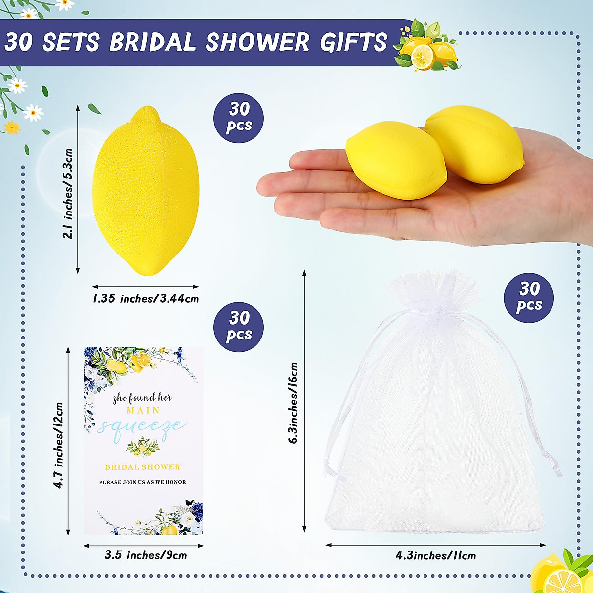 Foilswirl 48 Sets Lemon Themed Bridal Shower Party Gifts Lemon Foam Squeeze Stress Relief Balls with Cards and Organza Drawstring Bag Her Main Squeeze Wedding Game Prizes Gifts