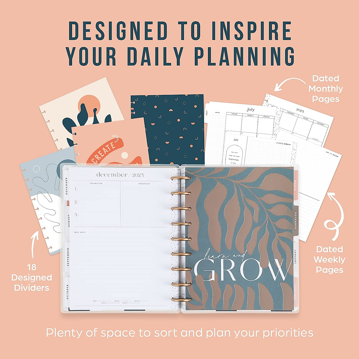 Happy Planner 2023 Daily Diary and Calendar, 18-Month Daily, Weekly, Monthly July 2023–Dec. 2024 Planner Diary, Monthly Layout, Playful Abstract Theme, Classic Size, 17.78 x 23.50 cm