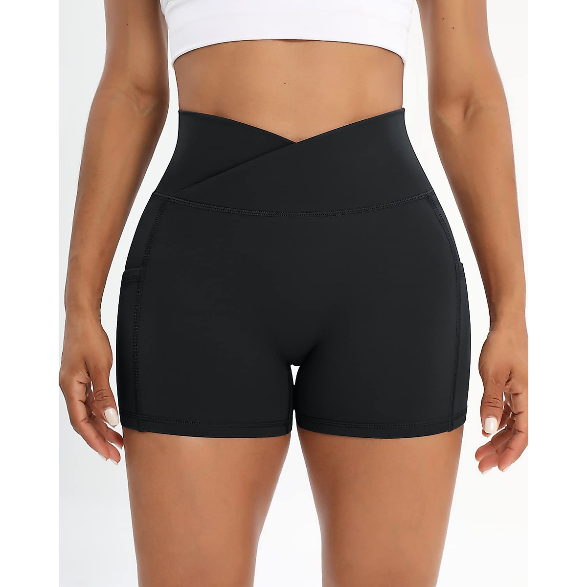 Workout Shorts for Women 2 Pcs Pack Cross Waist Active Gym Spandex Stretchy Yoga Compression with Side Pockets Black+Black-M