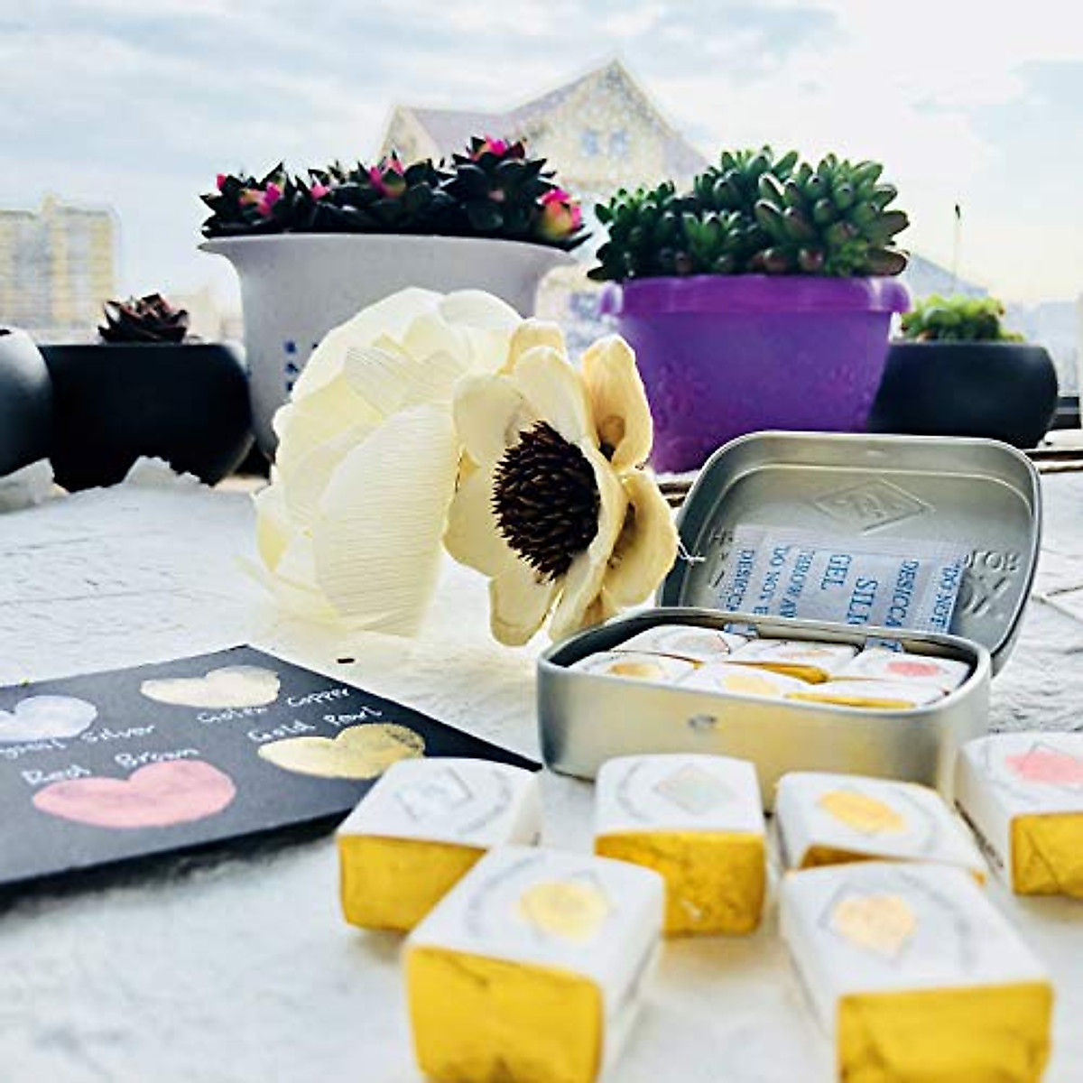 Csy Art Supplies Handmade Watercolors Paint Set - 6 Metallic Gold Colors Half Pans Glitter Solid Water Color- Metal Case Sparkle Pearlescent Watercolour For Artists, Students & Hobbyists