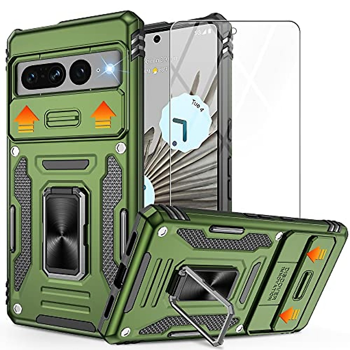 Pixel 7 Pro case, Google Pixel 7 Pro Case with Slide Camera Cover,Google Pixel 7 Pro Phone Case with HD Screen Protector， Magnetic Kickstand Case for Google Pixel 7 Pro，Green