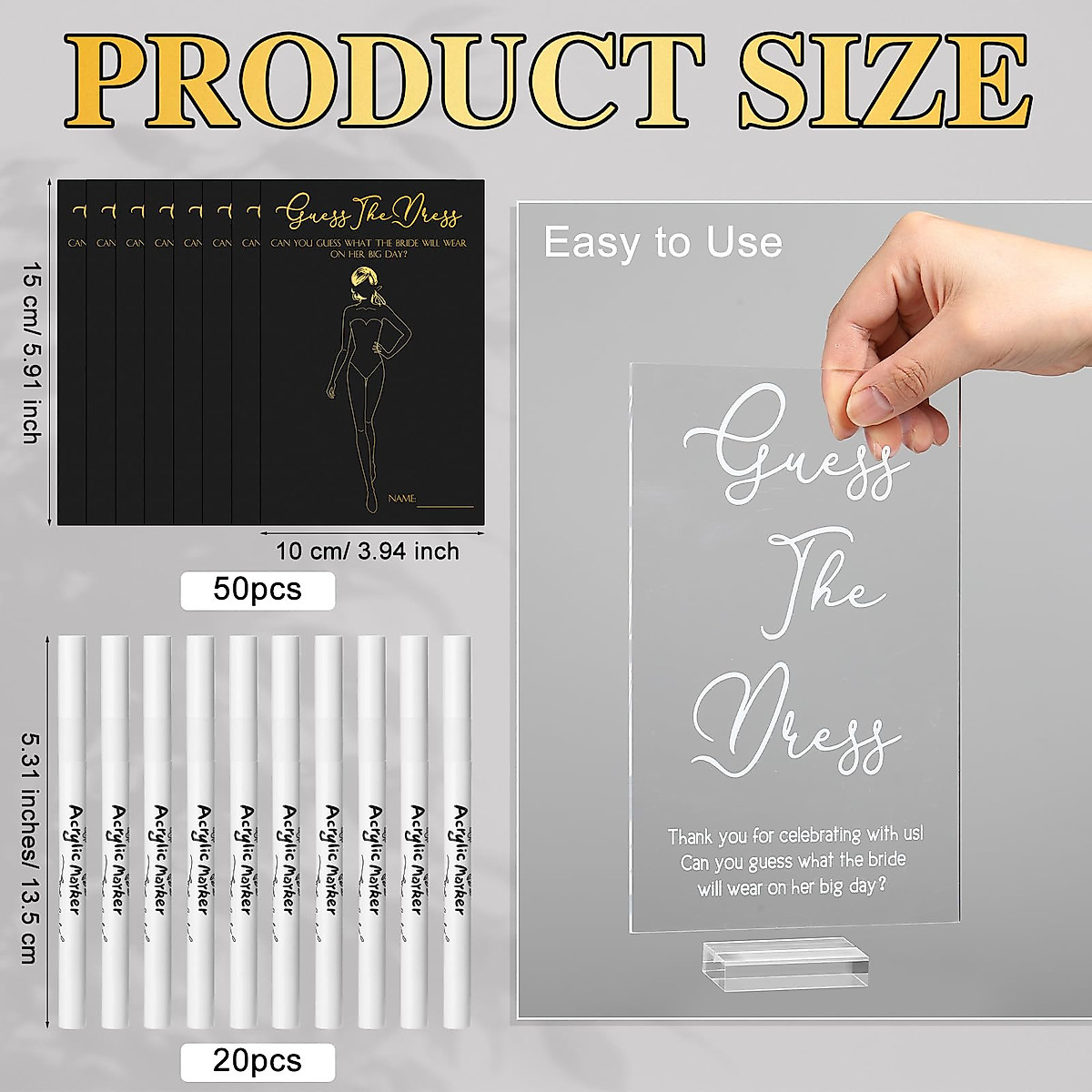 Seajan Guess the Dress Bridal Shower Game Acrylic Bridal Shower Sign Fun Bridal Shower Games Table Sign 50 Black Gold Guessing Cards 20 White Acrylic Pens for Guests Wedding Shower Games Party