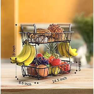 Crixny 2 Tier Fruit Basket for Kitchen Counter with 2 Banana Hangers, Fruit Bowl for Kitchen Counter, Large Fruit Basket Stand, Fruit and Vegetable Storage Fruit Holder for Produce Snack Onion Bread