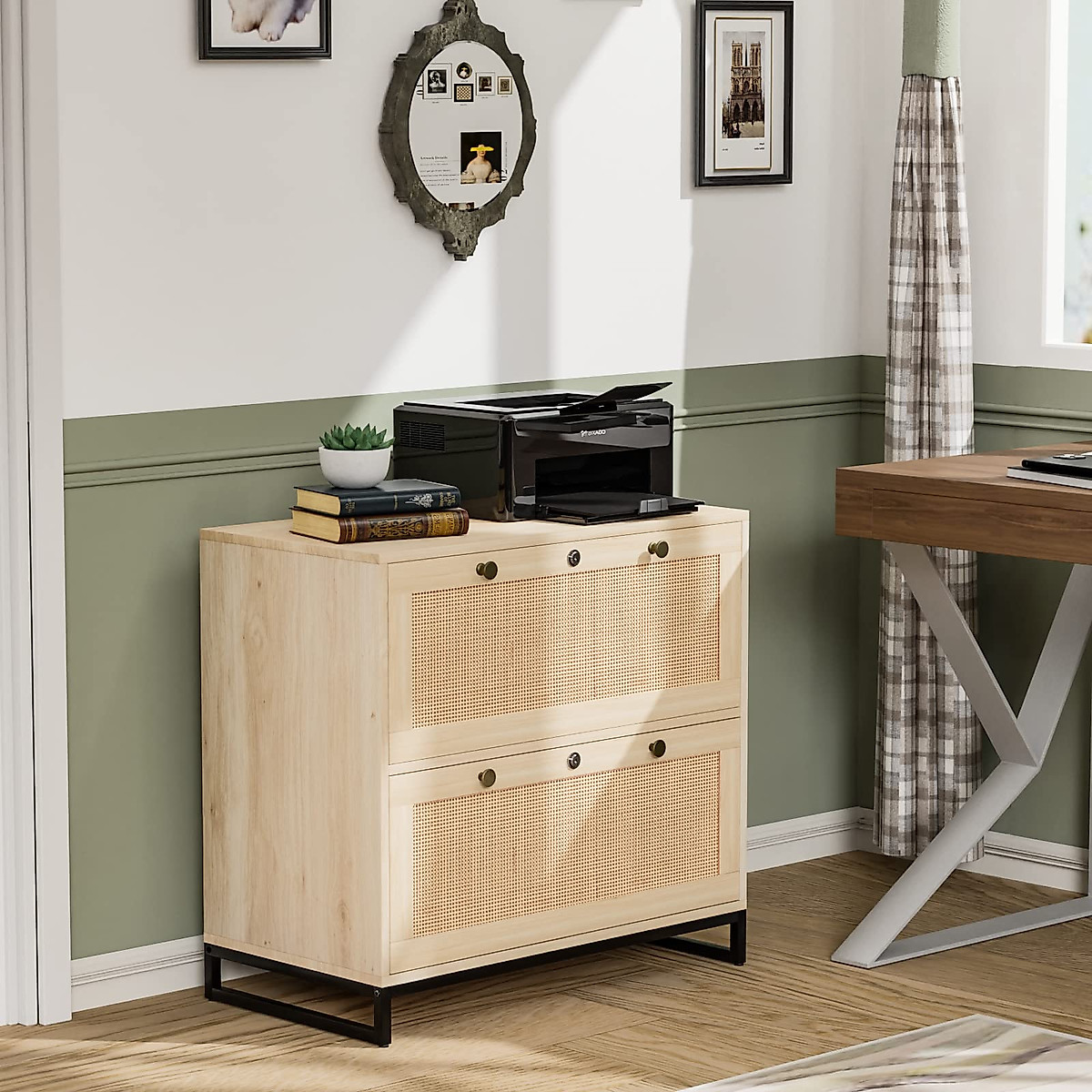 VINGLI Wood Rattan 2-Drawer Lateral File Cabinet with Lock for Home Office, Lockable Filing Cabinet with Rustic Metal Handles for Hanging Letter/A4/Legal Size Labeled Folders, Oak, 30W x 16D x 28H