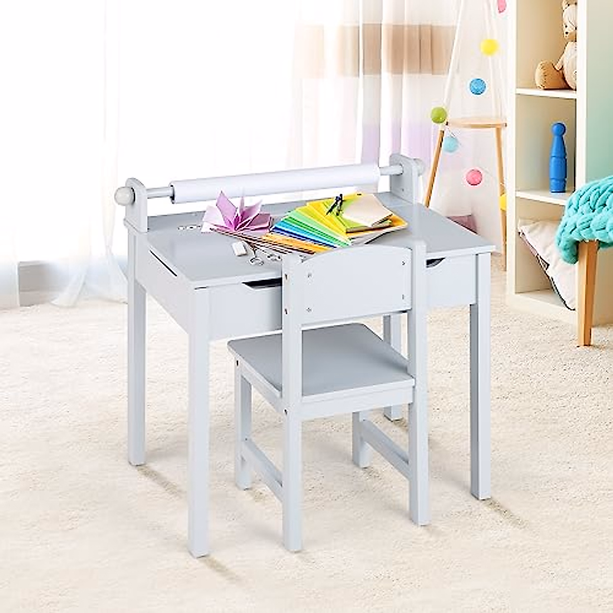 INFANS Kids Table and Chair Set with Paper Roll, Wooden Lift-top Desk for Toddler Writing Drawing Reading Craft Art, Children Furniture Activity Table Set for Nursery Daycare Playroom (Grey)