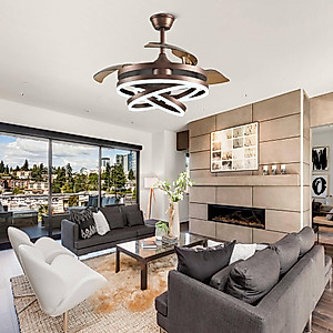 Cusp Barn 42" Retractable Fandelier Ceiling Fan with Lights Remote - Silent Dimmable Modern 6 Speed LED Chandelier Fan for Bedroom Living Room Kitchen