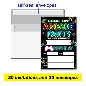 VAHATAN Arcade Party Birthday Invitations 20 Packs Neon Glow Retro Video Gaming Arcade Invites with Envelopes