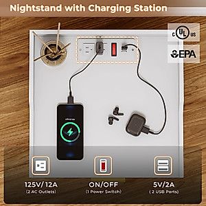 HAUOMS White Nightstand with Charging Station and LED Lights,Luxury Night Stand with Pull-Out Tray,Bedside Table with Drawers,Modern End Table Side Table Storage Cabniet