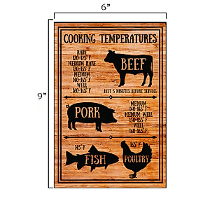 Meat Internal Cooking Temperatures Magnet Sign Measurement Kitchen Conversion Magnet Sign - Cooking Chart 6x9 in. Wood Background Meat Temperatures