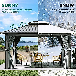 YITAHOME 12x14ft Hardtop Gazebo with Nettings and Curtains, Heavy Duty Double Roof Galvanized Steel Outdoor Combined of Vertical Stripes Roof for Patio, Backyard, Deck, Lawns, Gray