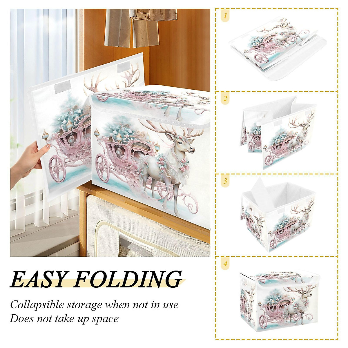 senya Christmas Baskets Collapsible Storage Bins with Lids, Pink Christmas Elk Storage Boxes Clothes Baskets for Organizing