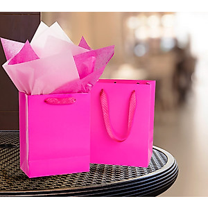 UnicoPak Hot Pink Gift Bags Medium Size 8x4x10 20Pcs, Glossy Finish Waterproof Paper Gift Bags with Handles, Party Bags Pink Gift Bags for Birthday, Party, Wedding, Bridal Shower, Shopping