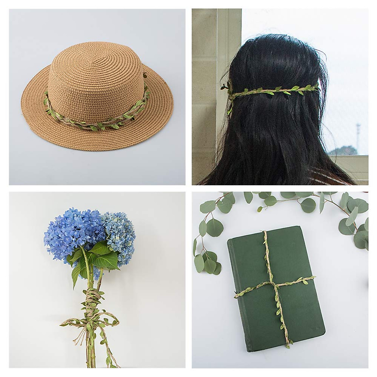 YuCool 98 Feet 5MM Burlap Leaf Ribbon, Natural Wall Hanging Jute Vine Twine with Artificial Green Leaves for Rustic Wedding,Home,Garden,Jungle Party Decorations and DIY Crafts Decor(3 Rolls)