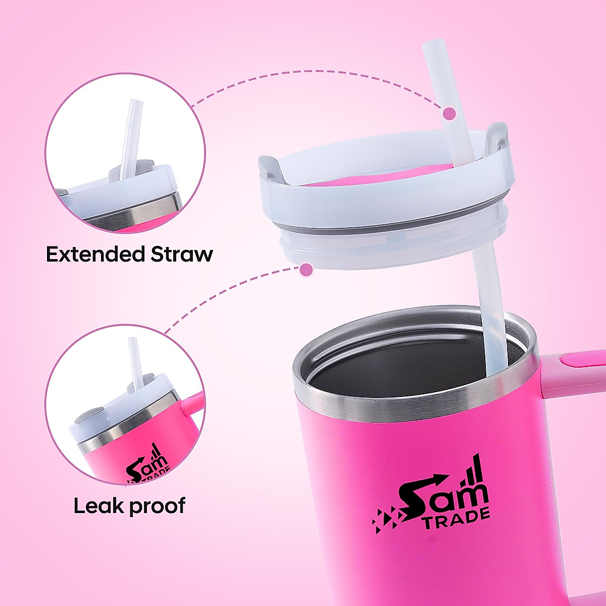 Samtrade Drinking Cup, Stainless Steel Insulated Tumbler with Handle (40oz) - 100% Leak-Proof Friendly Travel Mug, Pink, YX-T40