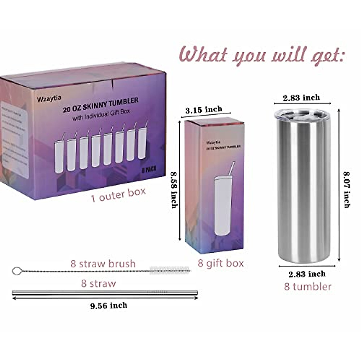 Wzaytia 8 Pack 20 Oz Straight Skinny Tumblers, Individually Gift Boxed Stainless Steel Slim Skinny Tumbler Set Bulk, 20 Oz Insulated Slim Thin Travel Tumbler Cup for Diy, Silver