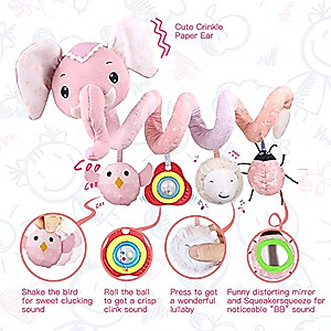 JERICETOY Baby Car Seat Toys Stroller Toys Crib Toys Infant Activity Spiral Plush Toys Hanging Stroller Toys for Baby Car Seat Stroller Bar Crib Bassinet Mobile with Music Squeaker Rattles (Elephant)