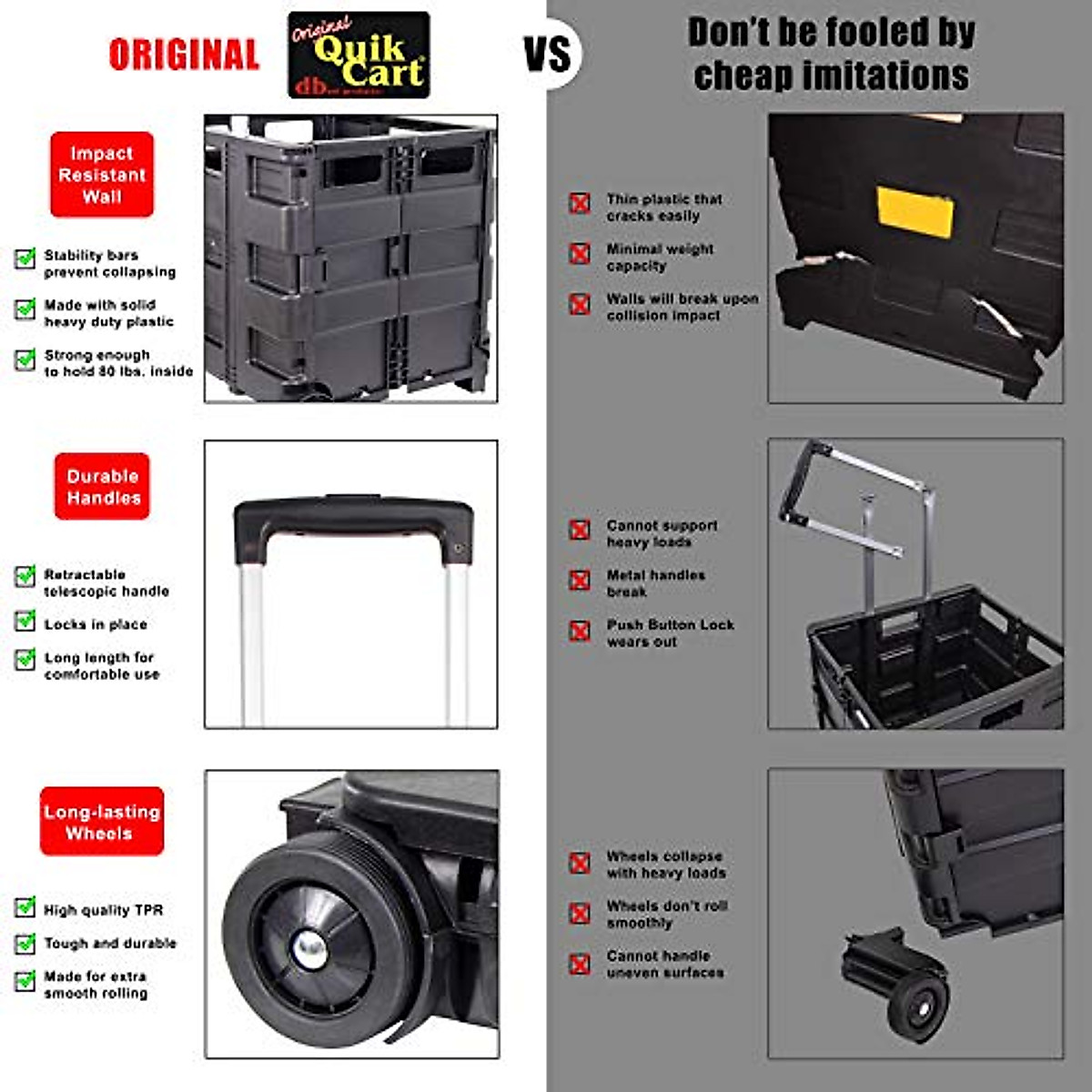 dbest products Quik Cart Collapsible Rolling Crate on Wheels for Teachers Tote Basket 80 lbs Capacity, Made from Heavy Duty Plastic Used as a Seat, Black