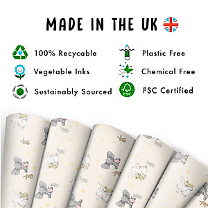 CENTRAL 23 - Elephants and Bunnies Wrapping Paper - 6 Sheet for Gift Wrap for Babies - Baby Shower - Christening - Baptism - Stars - Rabbit - Bunny - Made in the UK