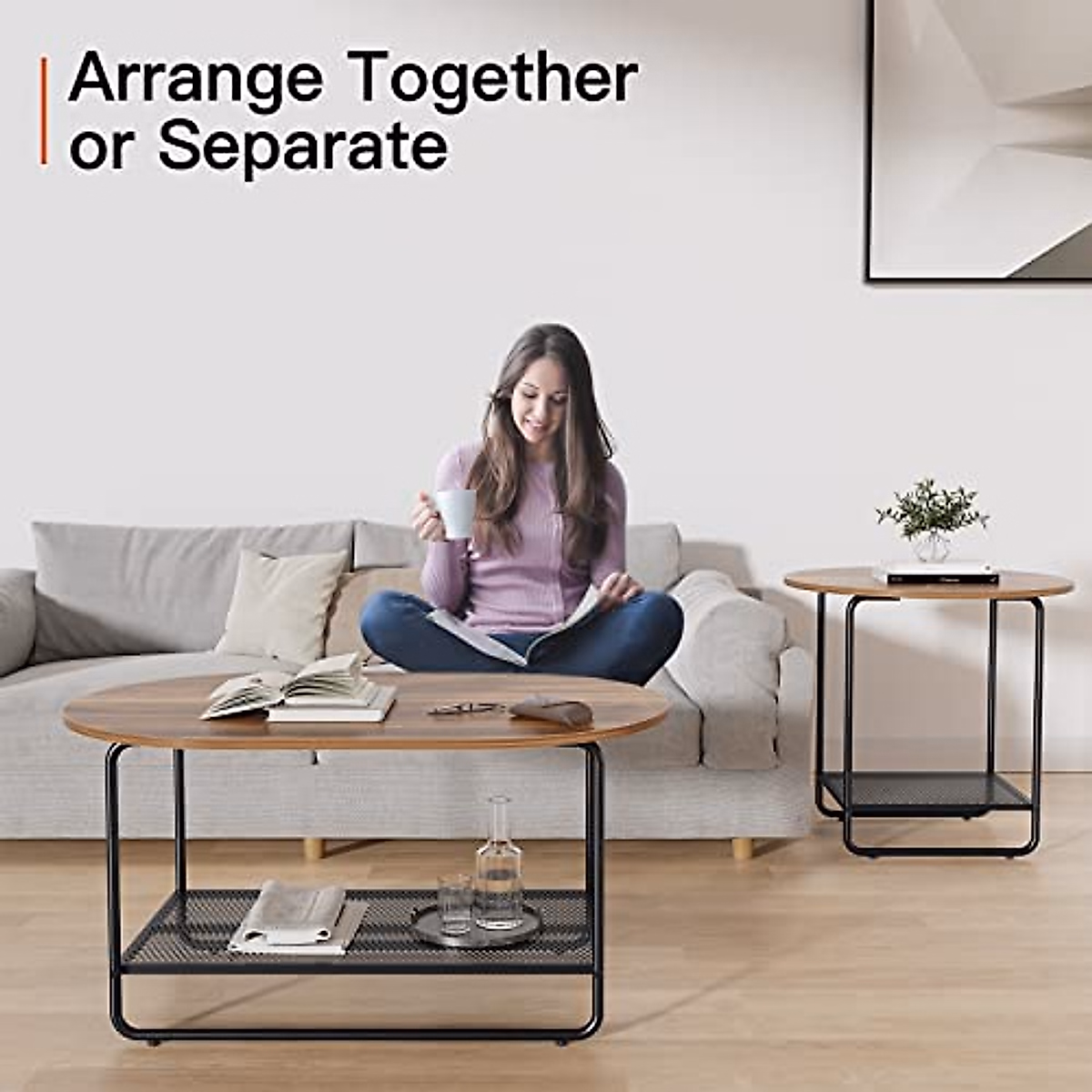 Amada Coffee Table Set, 2-Tier Center Table with Open Shelf and Metal Frame, Modern Round Coffee Table for Living Room, Set of 2, AMCT2V