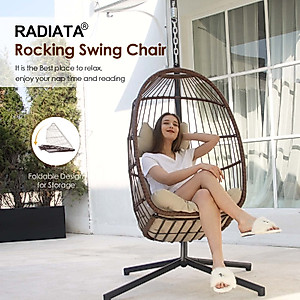 RADIATA Foldable Wicker Rattan Hanging Egg Chair with Stand, Swing Chair with Cushion and Pillow, Lounging Chair for Indoor Outdoor Bedroom Patio Garden (Brown with Cover)