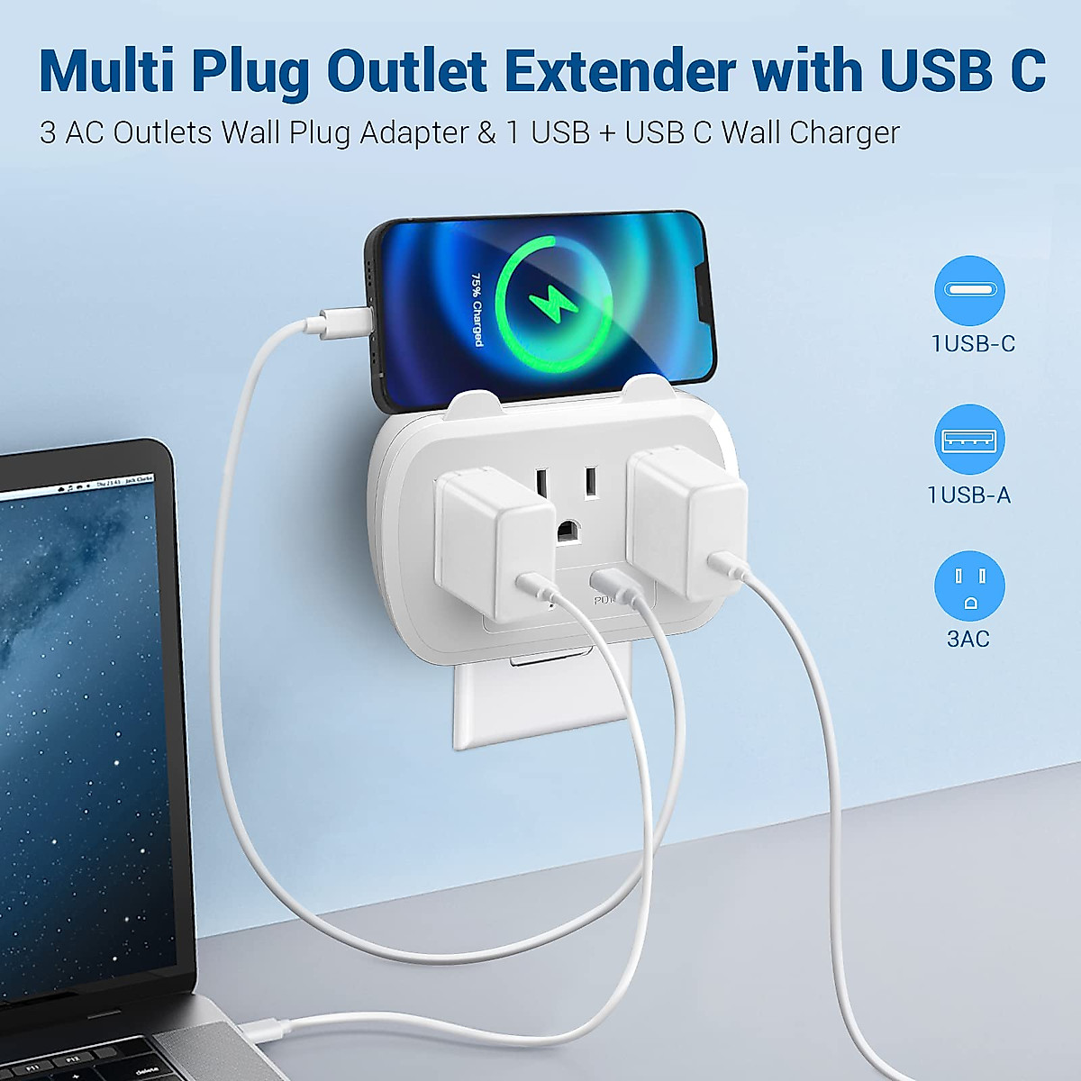 Outlet Extender with USB C, Multi Plug Outlet Adapter with 3 AC Outlets ...