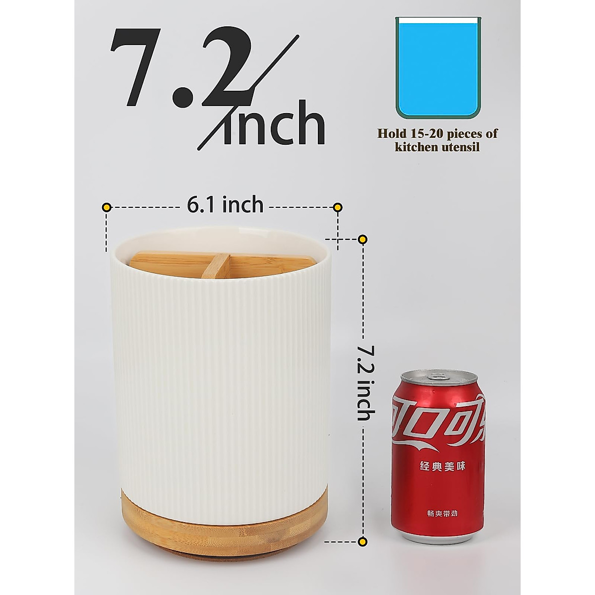 LoeJan 3 Compartment Utensil Holder, 7.2" Extra Large Utensil Crock, Stable Ceramic Utensil Organizer, Cooking Tool Organizer Set for Kitchen Counter Farmhouse Decor