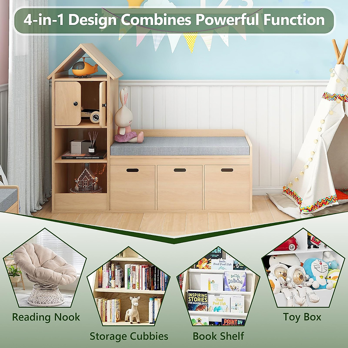 Kids Bookcase and Bookshelf with Reading Nook, Toy Storage Organizer for Kids, Oak Castle Wooden Bookcase with 3 Open Storage Cubbies 3 Drawers and Seat Cushion for Children's Room, Playroom, Oak