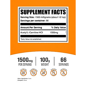 BulkSupplements.com Acetyl L-Carnitine Powder - ALCAR Powder, Acetyl L-Carnitine 1500mg, Carnitine Supplement - Gluten Free, 1500mg per Serving, 100g (3.5 oz) (Pack of 1)