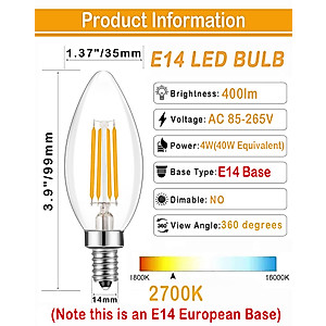 Lamsky E14 Base LED Filament Candle Shape Light Bulb,E14 European Base Bulb,Warm White 2700K 400LM 40W Equivalent,C35 Clear Glass Torpedo Shape Bullet Top,No-Dimmable (4-Pack)