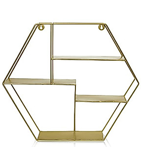 Gold Hexagon Wall Shelves, Extra Large Decorative Floating Shelf for Bathroom, Kitchen & Bedroom Wall Decor Shelfie, Glam Brass Geometric Wall Art, Metal Sconce Shelf, Boho Honeycomb Accent Display