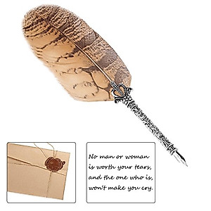 Antique Quill Pen Set, Vintage Carving Feather Pen Set, Calligraphy Writing Dip Pen with 5 Replacement Nibs, 1 Wax Seal Stamp and 1 Sealing Wax