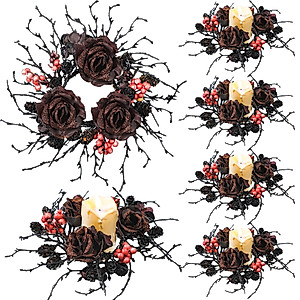 Jexine 6 Pcs Fall Candle Rings Wreaths Black Halloween Rings 3 Inch Black Twig Wreath Candle Ring Gothic Rose with Glitter Leaves Wreath for Fall Thanksgiving Home Table Centerpieces Decorations