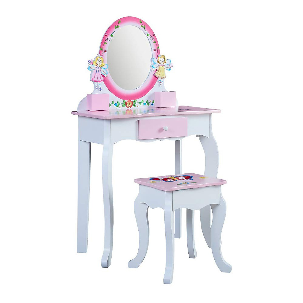 Wooden Vanity Table and Chair Set Kids Vanity Set with Mirror Children Princess Makeup Dressing Table with Stool and Storage Shelves for Girl(Pink)