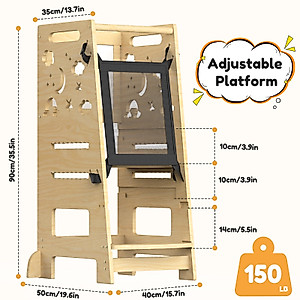 TOPBOYTOE Toddler Tower, Toddler Kitchen Stool Helper with Safety Rail, Natural Wood Kitchen Step Stool for Kids, Adjustable Height Montessori Learning Tower for Bathroom & Kitchen Counter