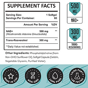 Rhamoph Liposomal NAD+ 800 mg with Trans-Resveratrol 300 mg, Max Absorption, Actual NAD+ Boosting Supplement for Healthy Aging, Cellular Energy, DNA Repair, Longevity - 60 Softgels