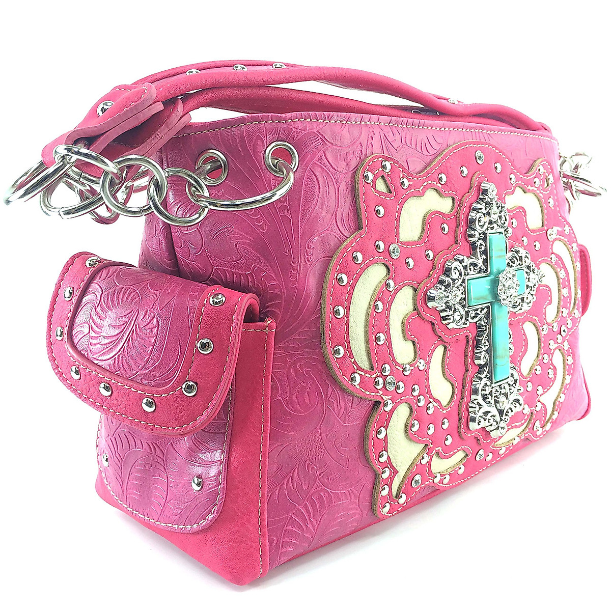 Justin West Tooled Turquoise Stone Cross Rhinestone Laser Cut Shoulder Chain Concealed Carry Handbag Purse Wallet Messenger (Hot Pink Handbag and Wallet)
