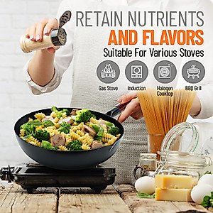 Homeries Wok Pan - 12.8" Woks and Stir Fry Pans, Carbon Steel Wok with Wooden Handle and Lid and 2 Spatulas - Non-Stick Flat Bottom Wok Frying Pan Suitable for Electric, Induction, and Gas Stoves