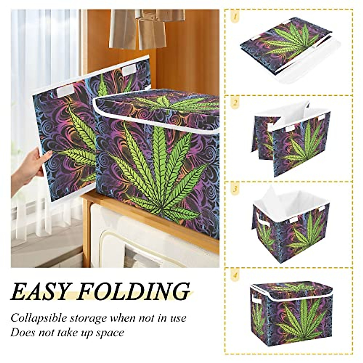 Oyihfvs Green Cannabis Leaf, Marijuana Leaves, Herb, Weed on Colorful Foldable Cube Storage Basket Collapsible Fabric with Lidded Sturdy Handles Organizer Box for Home Bedroom 16.5 x 12.6 x 11.8 in