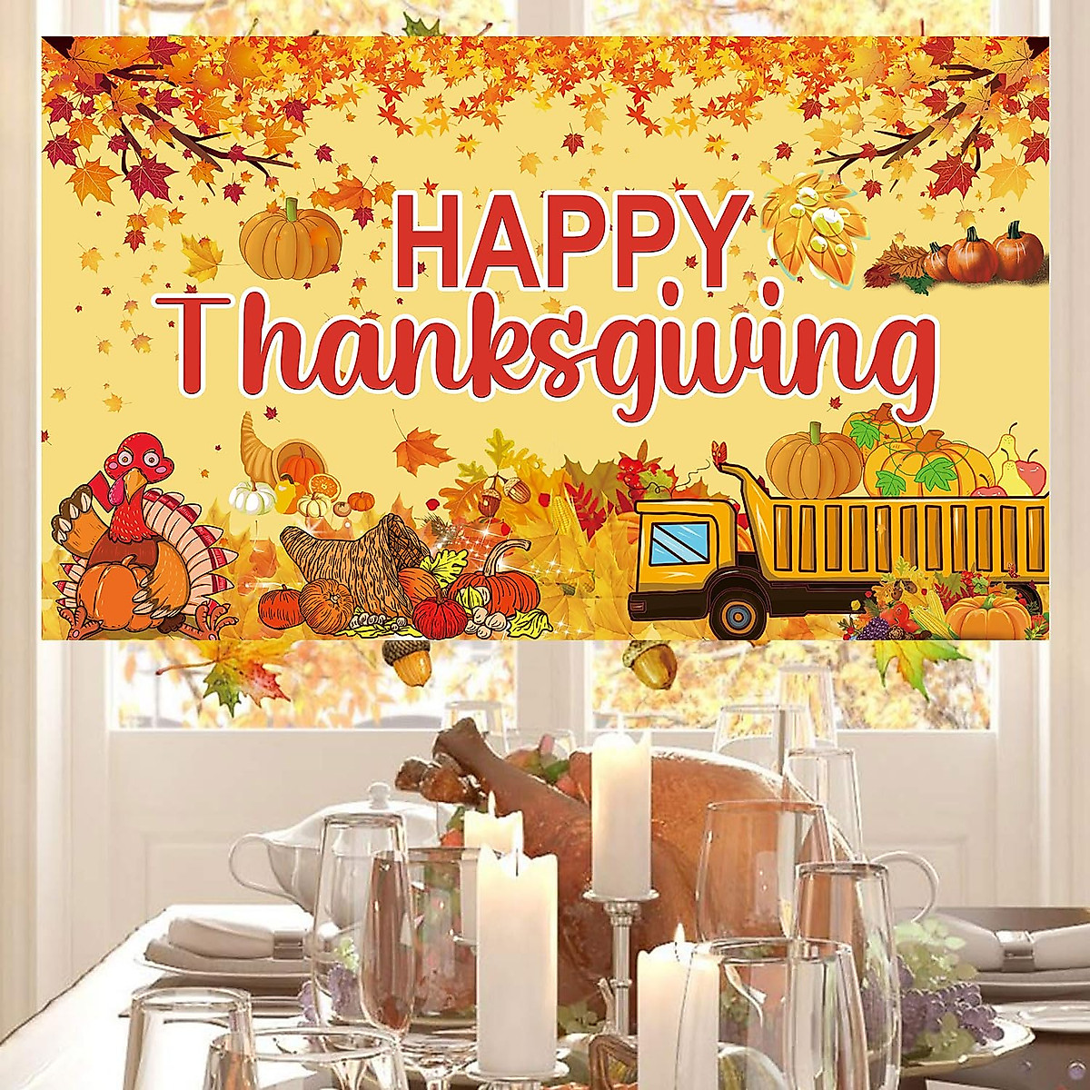 Famoby HAPPY Thanksgiving Fabric Sign Poster Banner Backdrop and Pumpkin Turkey maple leaf Pattern for Thanksgiving Day Photo Booth Background Party Decoration