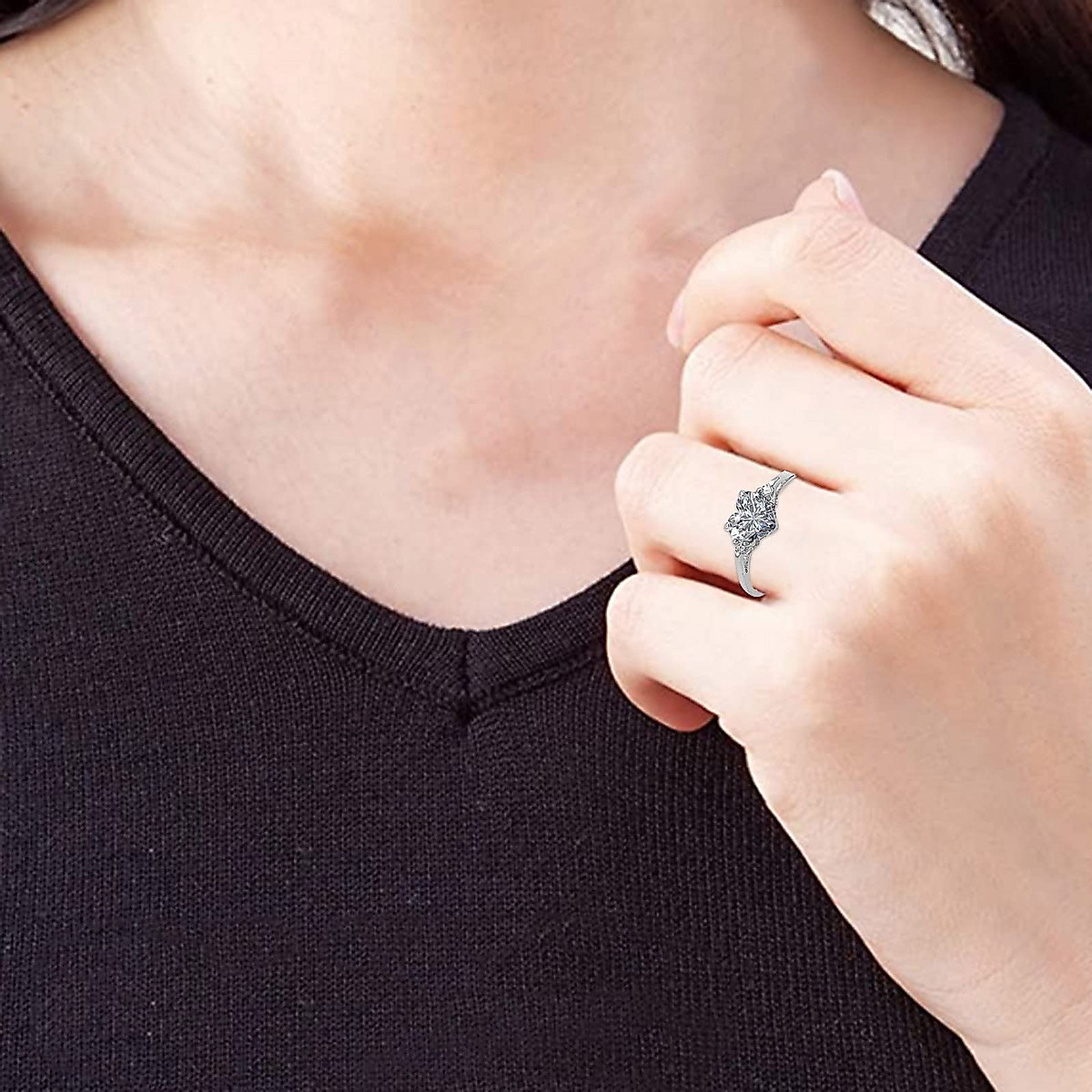 Sterling Silver Simulated Heart Shaped Diamond Engagement Ring with Promise Bridal Ring Fruit Rings (White, 8)