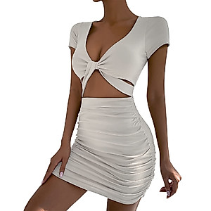 Guest Wedding Dresses for Women Women's Sexy Solid Color V Neck Open Waist Bag Hip Hollow Out Dress