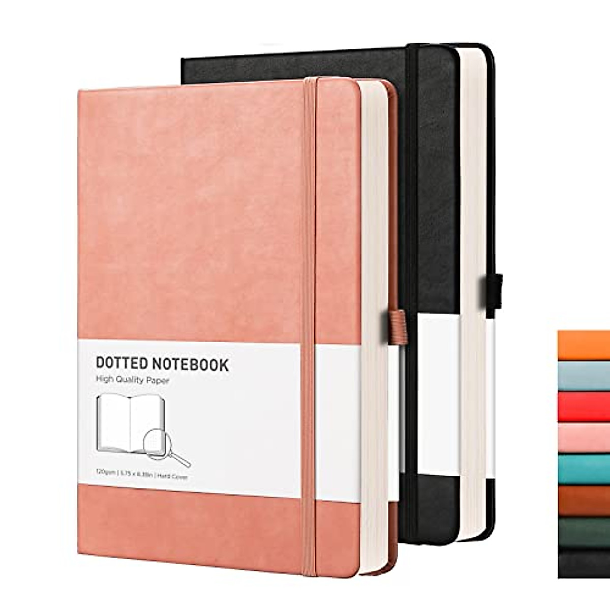 RETTACY Dotted Bullet Grid Journal 2 Pack - Dot Grid Hard Cover Notebook with 320 Pages,120gsm Thick Paper,Smooth PU Leather,Inner Pocket,5.75'' × 8.38'' (Black Pink)