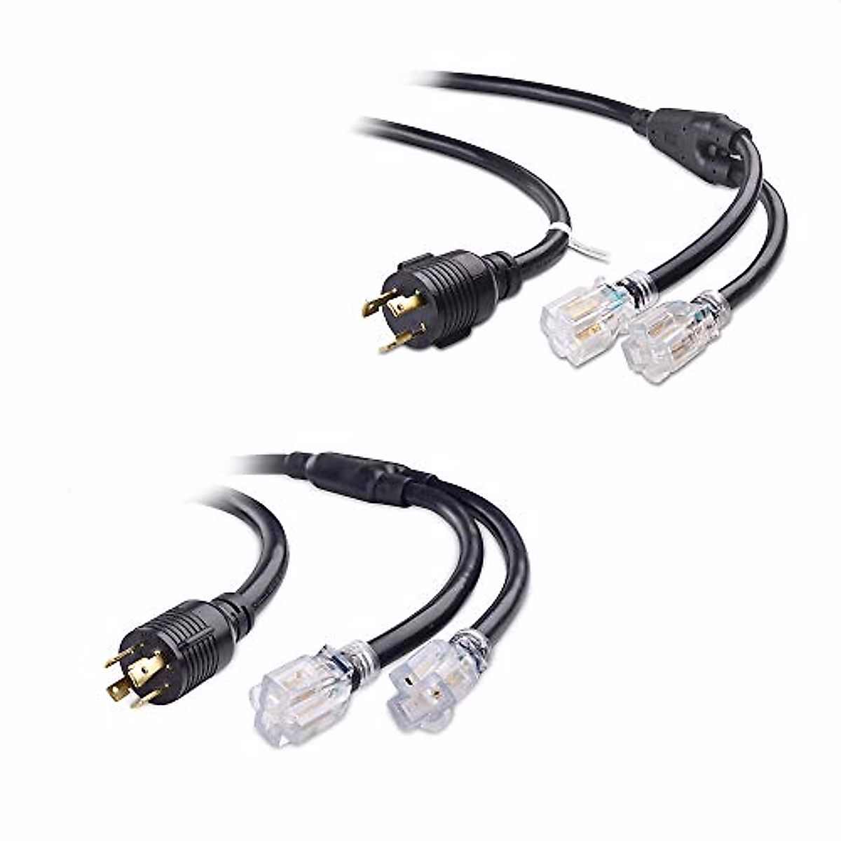 Cable Matters LED-Lit 3 Prong 30 Amp to 15 Amp Adapter for Generator (30 AMP to 110 Adapter Splitter) 3 Feet - NEMA L5-30P to 2X 5-20R & LED-Lit 4 Prong 30 Amp to 15 Amp Adapter 30 Inches