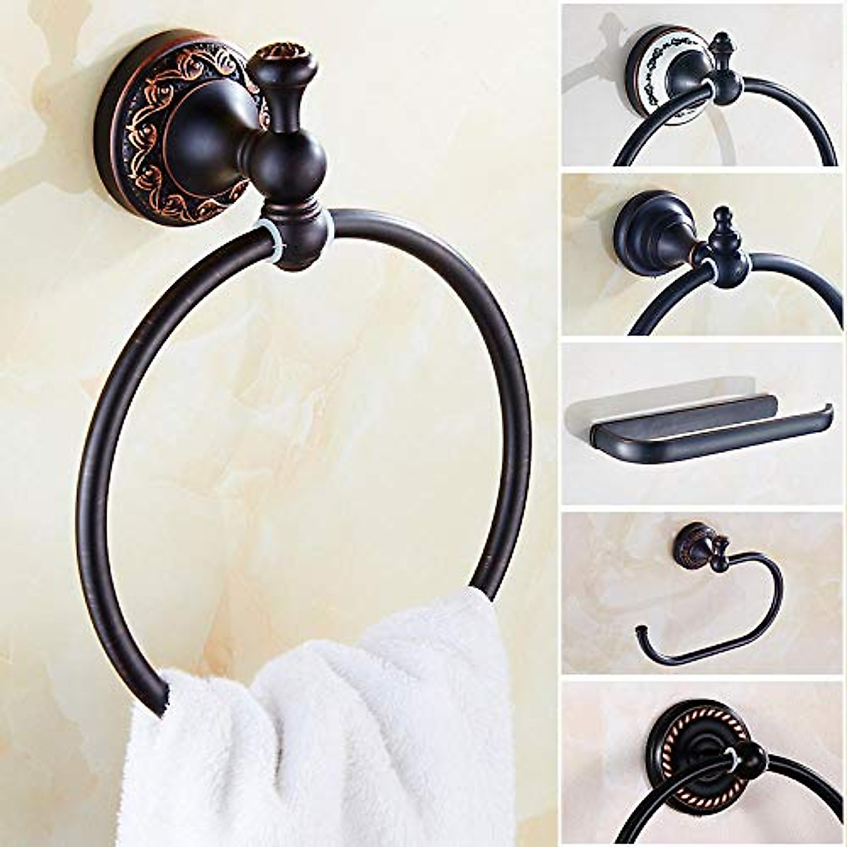 Towel Ring,Coat Hook,Towel Hooks,Black Round Twist Towel Hanging Ring Towel Rack Ring Hand Towel Rack Brass 1 Free Punch (Size : 1 Punch)