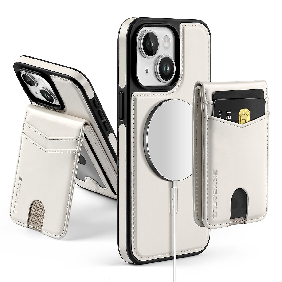 SkyEagle for Compatible Magsafe 2 in 1 Detachable iPhone 15 Wallet Case with Card Holder,Women Men Magnetic PU Leather RFID Blocking Flip Kickstand Credit Card Slots,for Apple 15 6.1",White