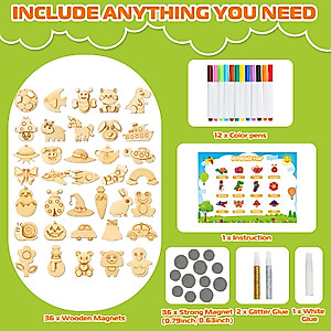 MGparty 36pcs DIY Wooden Magnets Painting Craft Kit, Wooden Art Craft Bulk Toys for Kids Age 3,4,5,6,7,8-12, Party Favors Decorate Your Own Painting Birthday Gifts for Boys Girls