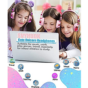 SVYHUOK Pompoms Pink Unicorn Wired Headphones,Cute Cat Ear Kids Game Headset for Girls Teens Tablet Laptop PC,Over Ear Children Headset withMic,for School Birthday Xmas Gifts